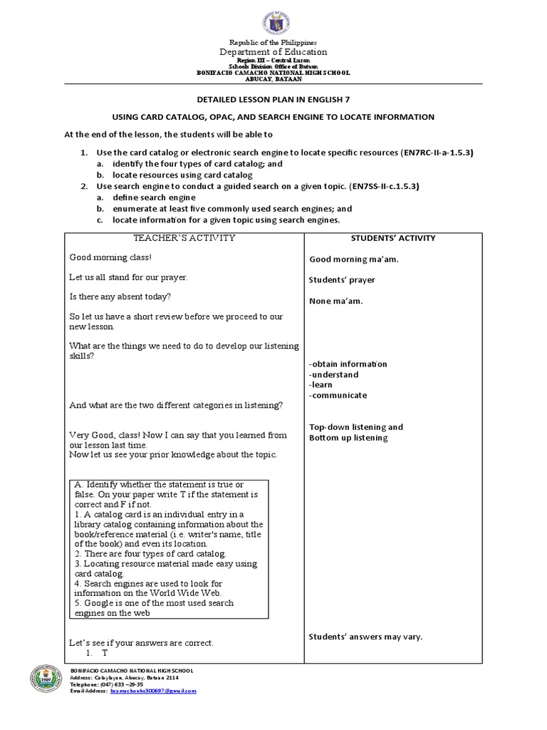 Detailed Lesson Plan in English 7 Using Card Catalog, Opac, and Search ...