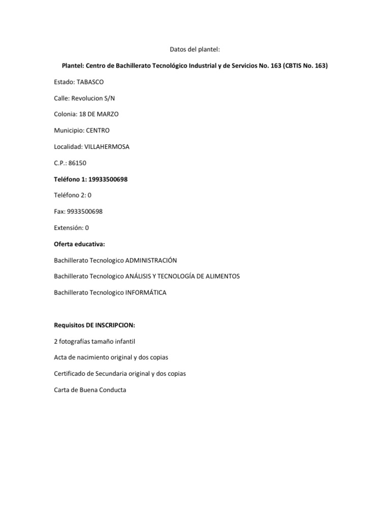Información sobre CBTIS 163 Villahermosa | PDF | Informática | Escuelas