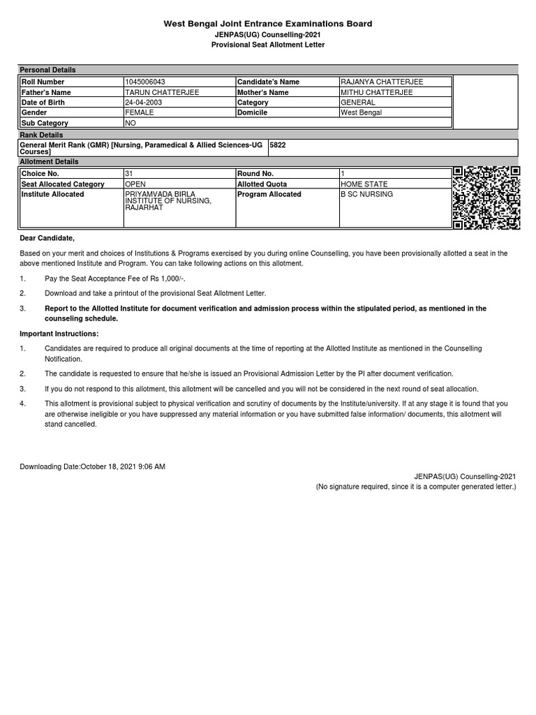 Seat Allotment Letter | PDF