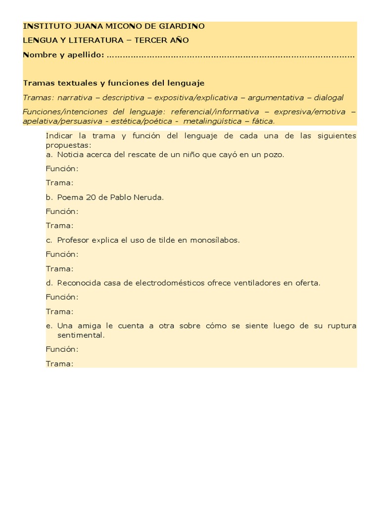 Tramas Textuales - Funciones Del Lenguaje - Ejercicios | PDF | Comunicación humana | Lingüística