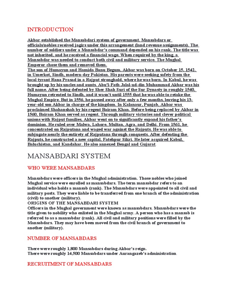 Mansabdari System: Who Were Mansabdars | PDF | Mughal Empire | South Asia