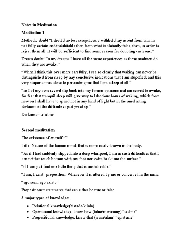 Notes in Meditation Meditation 1 | PDF | Philosophy | Existence