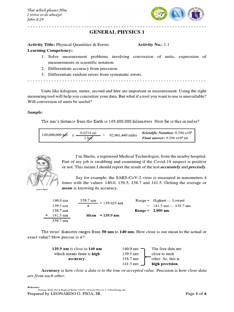 General Physics 1: Activity Title: Physical Quantities & Errors Activity No.: 1.1 Learning ...