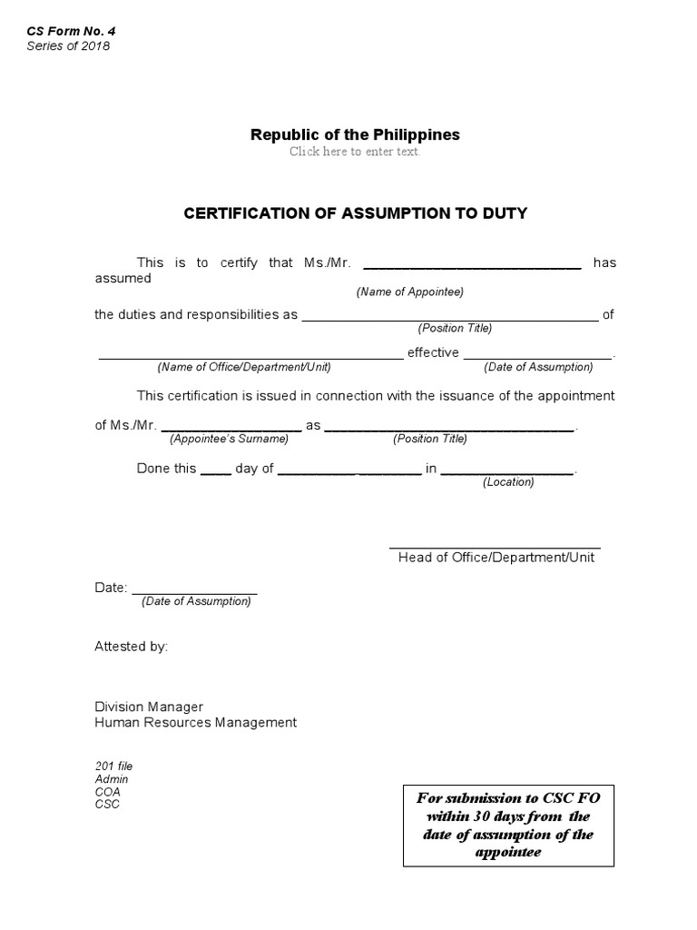 CS Form No. 4 Certification of Assumption To Duty | PDF