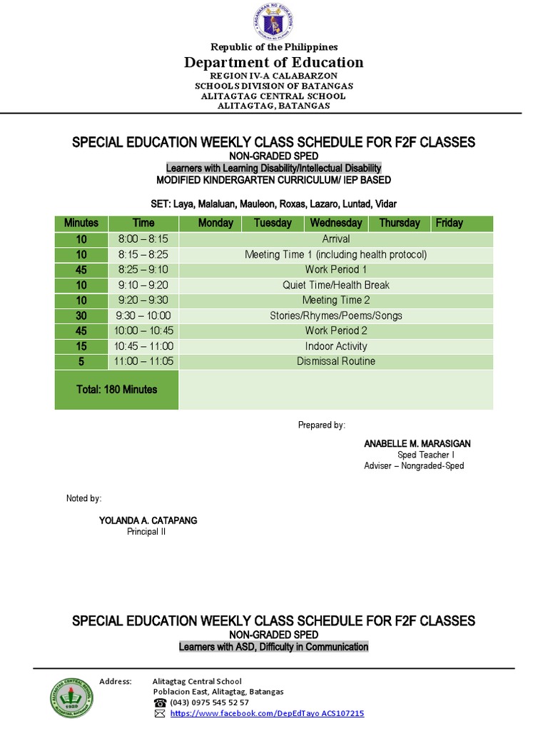 Department of Education: Special Education Weekly Class Schedule For F2F Classes | PDF ...