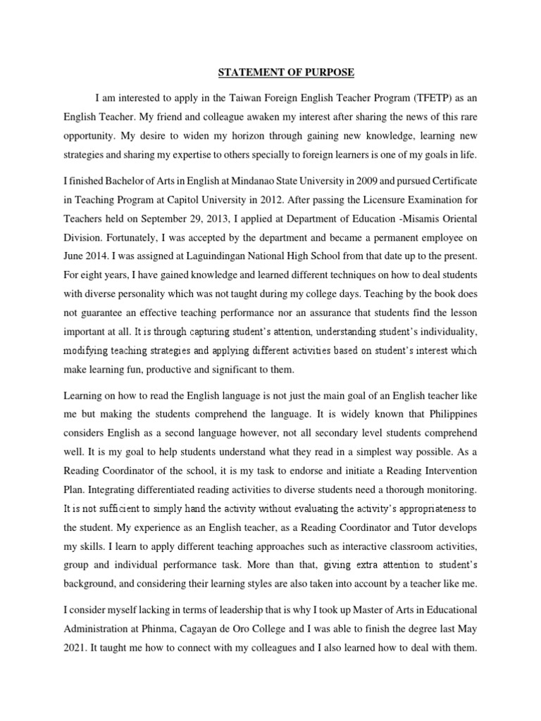 Statement of Purpose - Personal Final | PDF | Teachers | Learning