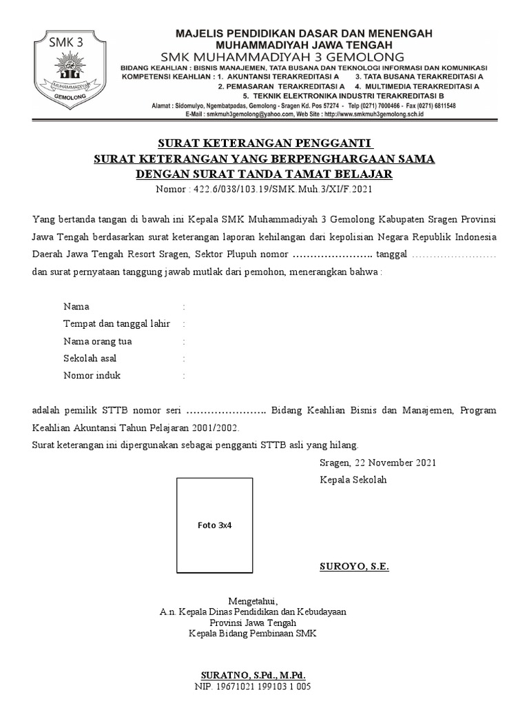 Surat Keterangan Pengganti STTB | PDF