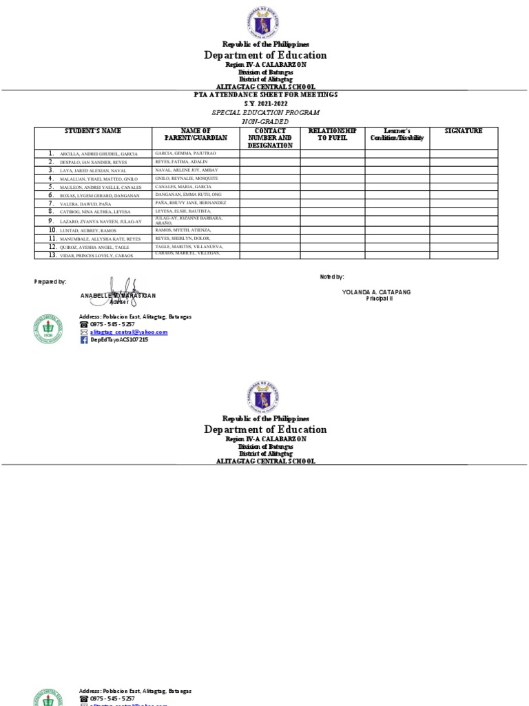 Pta Attendance Sheet | PDF