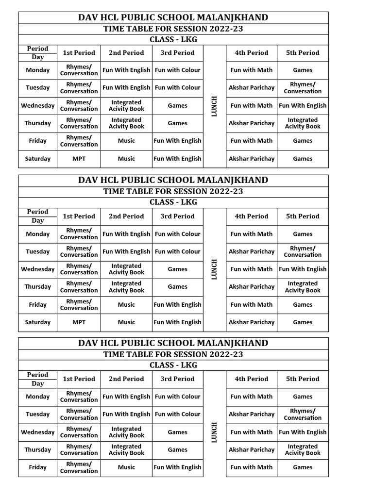 Dav HCL Public School Malanjkhand: Time Table For Session 2022-23 Class ...
