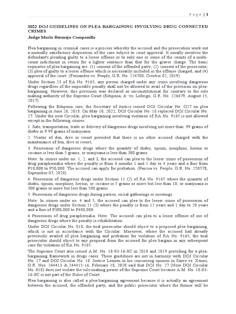 2022 Doj Guidelines On Plea Bargaining Involving Drug Connected Crimes ...