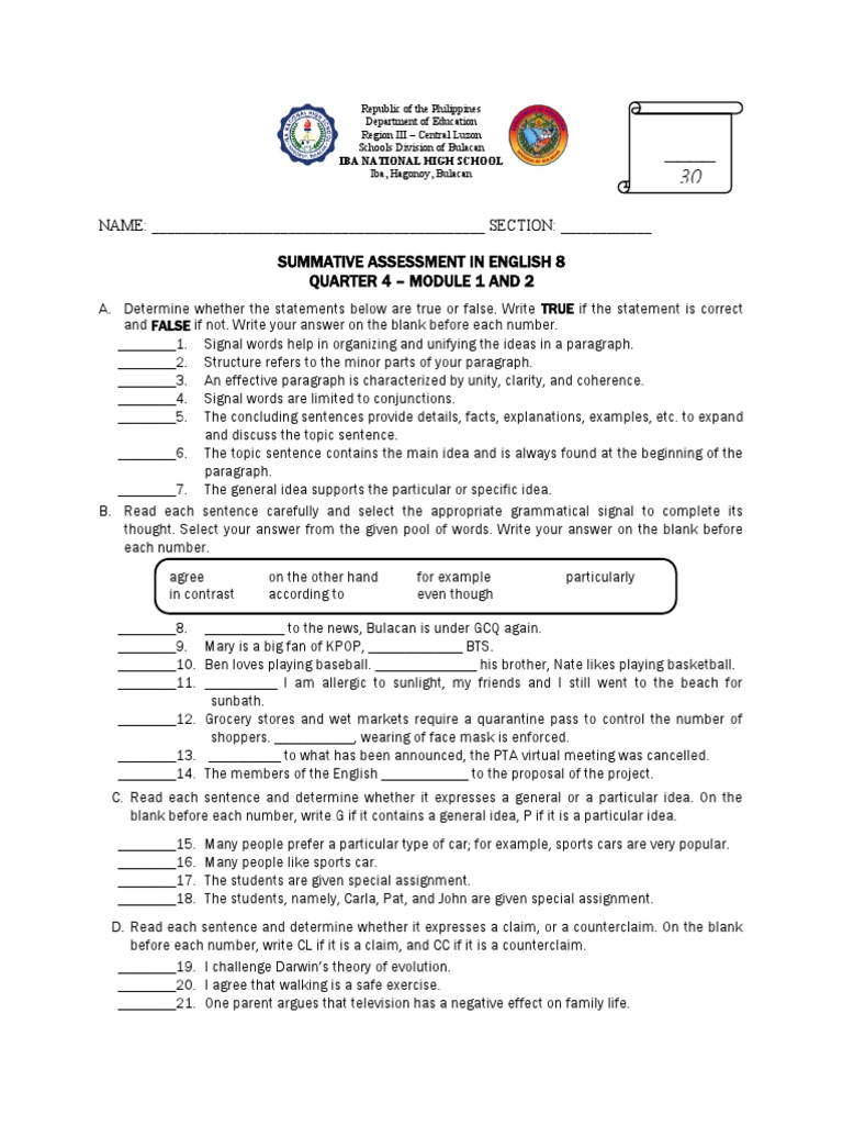 Summative Test in English 8 | PDF | English Language