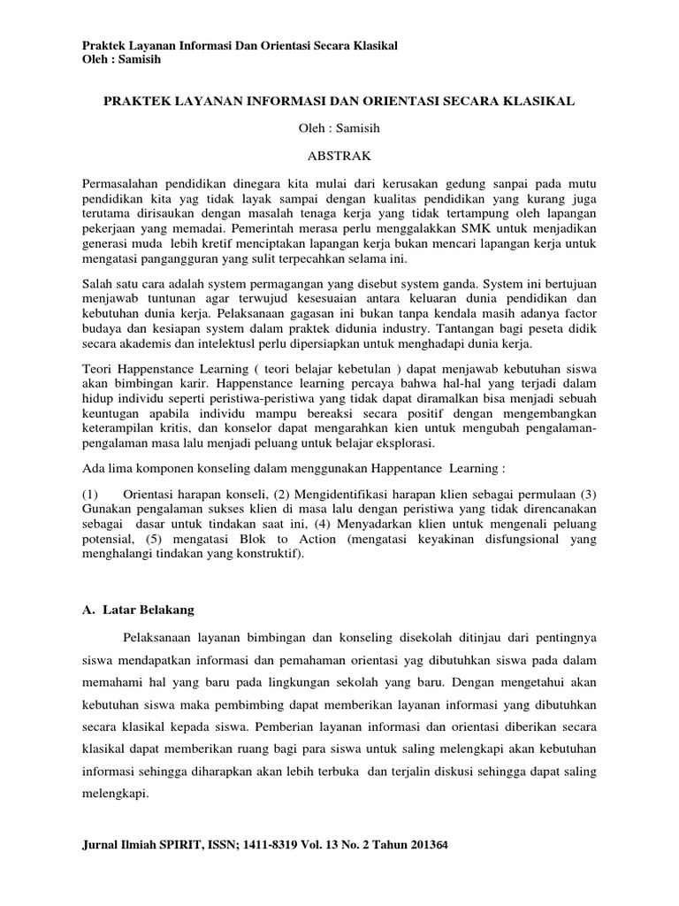 PRAKTEK LAYANAN INFORMASI DAN ORIENTASI SECARA KLASIKAL. Oleh - Samisih ...