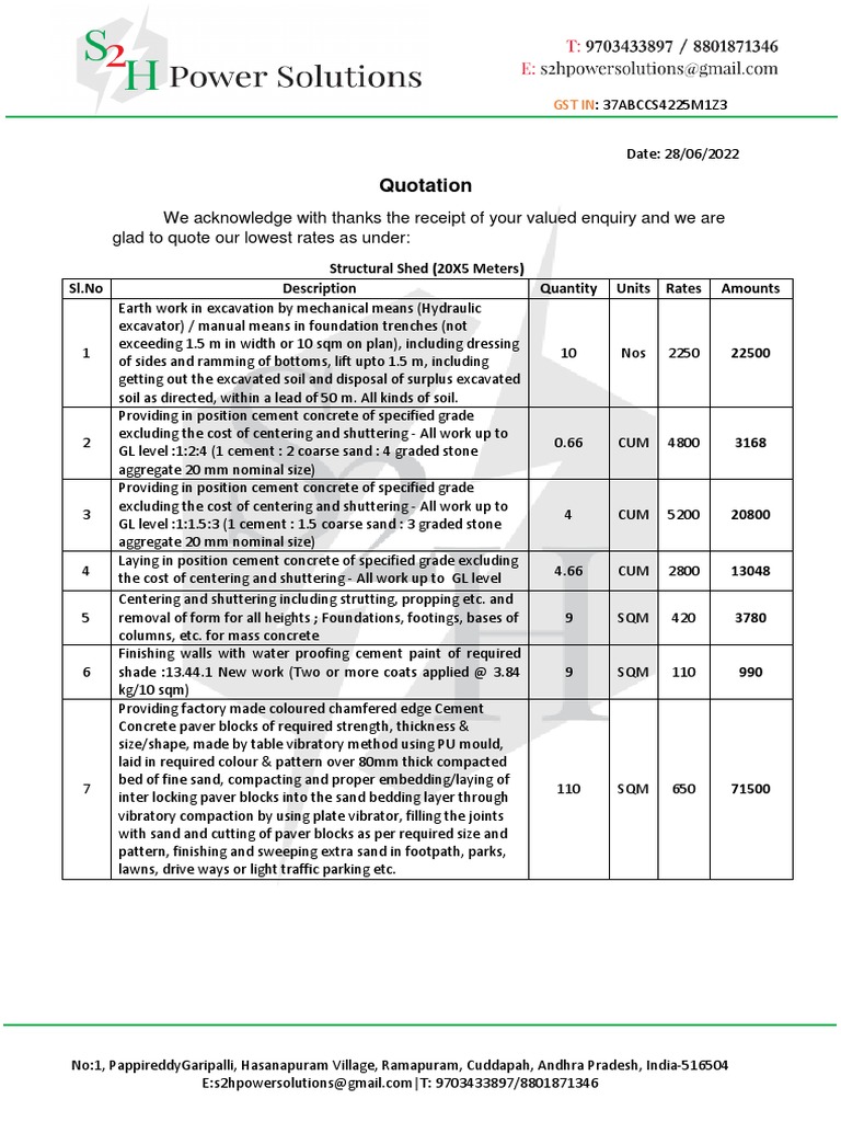 Parking Shed Quotation RV00 | PDF | Concrete | Roof