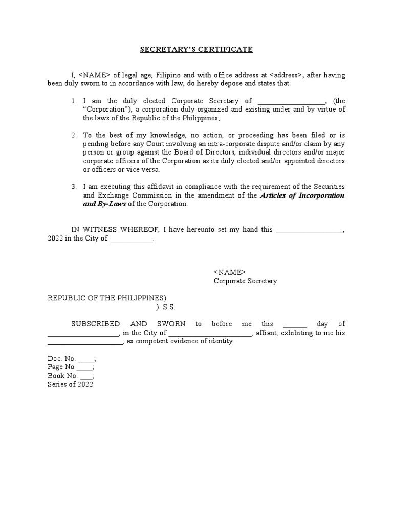 Secretary's Certificate - No Intra Corp Dispute | PDF | Law
