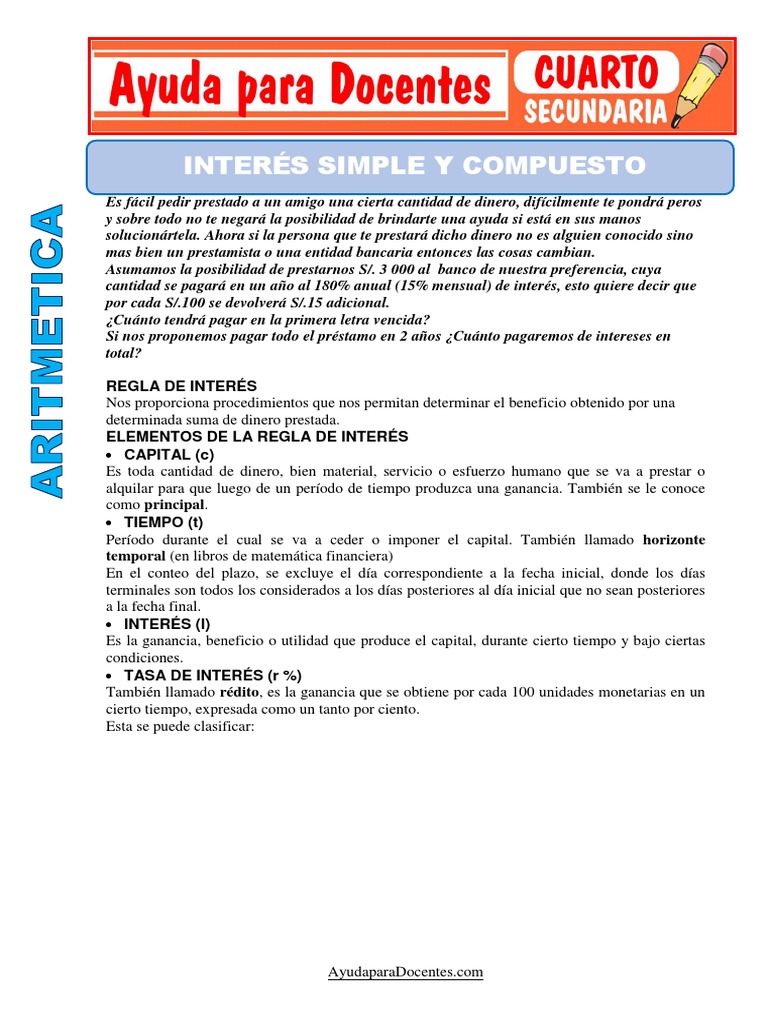Interes Simple y Compuesto para Cuarto de Secundaria | PDF | Interés | Bancos