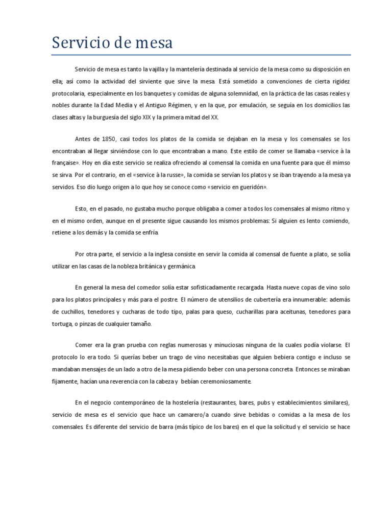 Historia y Tipos de Servicio de Mesa | PDF | Cocinando | Alimentos