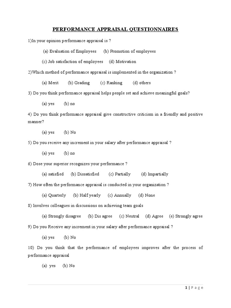 Performance Appraisal Questionnaires | PDF | Performance Appraisal ...