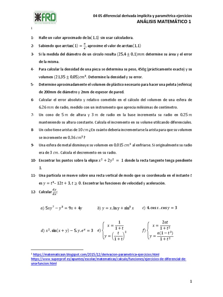04 05 Diferencial Derivada Implícita y Paramétrica Ejercicios | PDF | Ecuaciones | Tangente