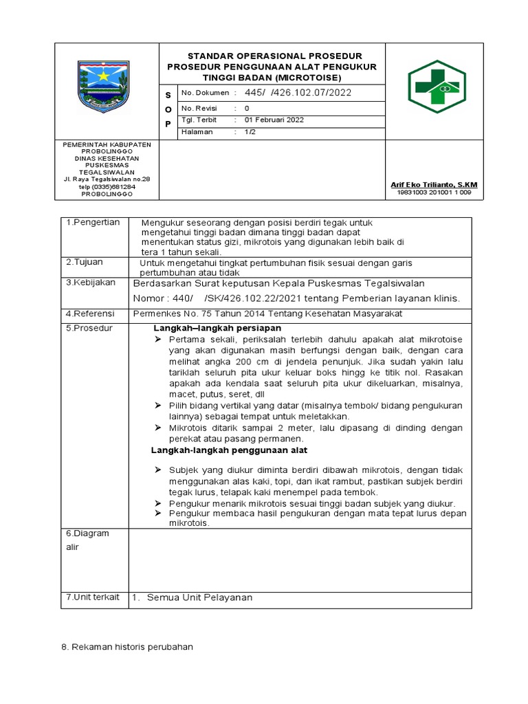 Sop Prosedur Penggunaan Alat Pengukur Tinggi Badan (Microtoise) | PDF
