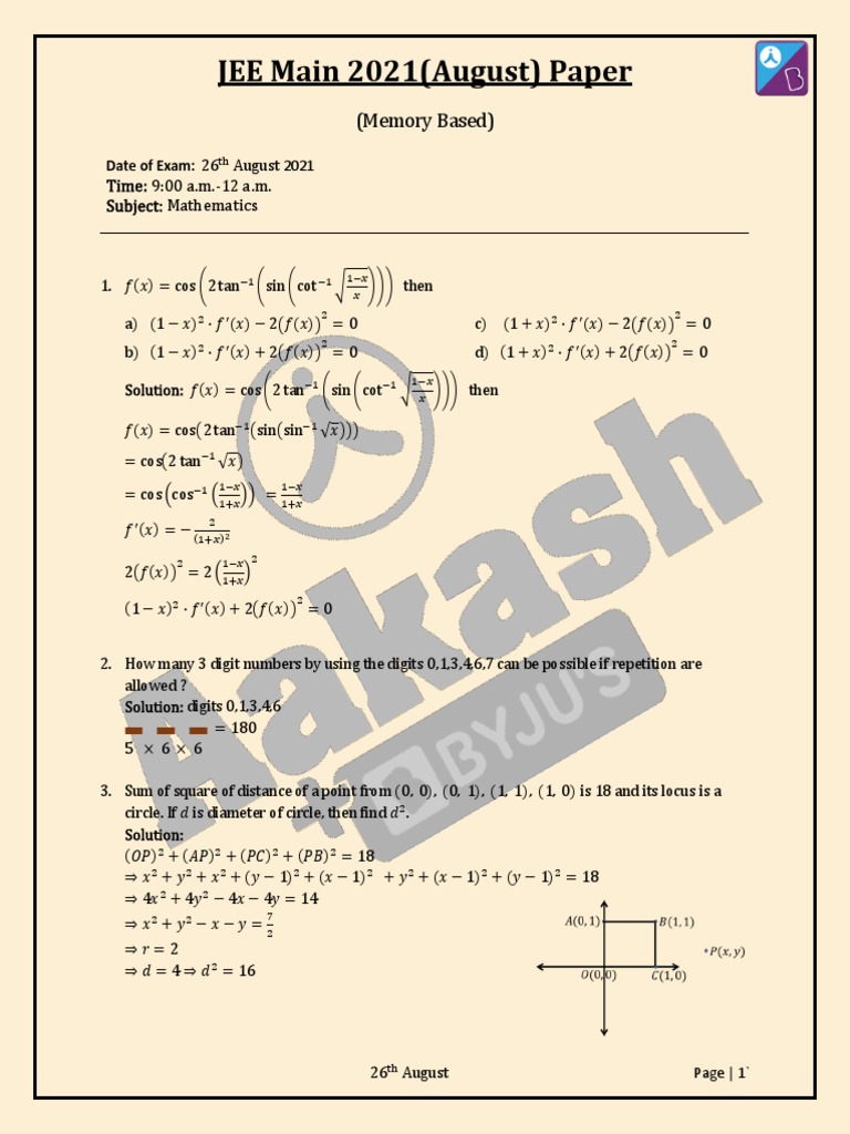 JEE Main 2021 Question Paper Maths August 26 Shift 1 | PDF | Area ...
