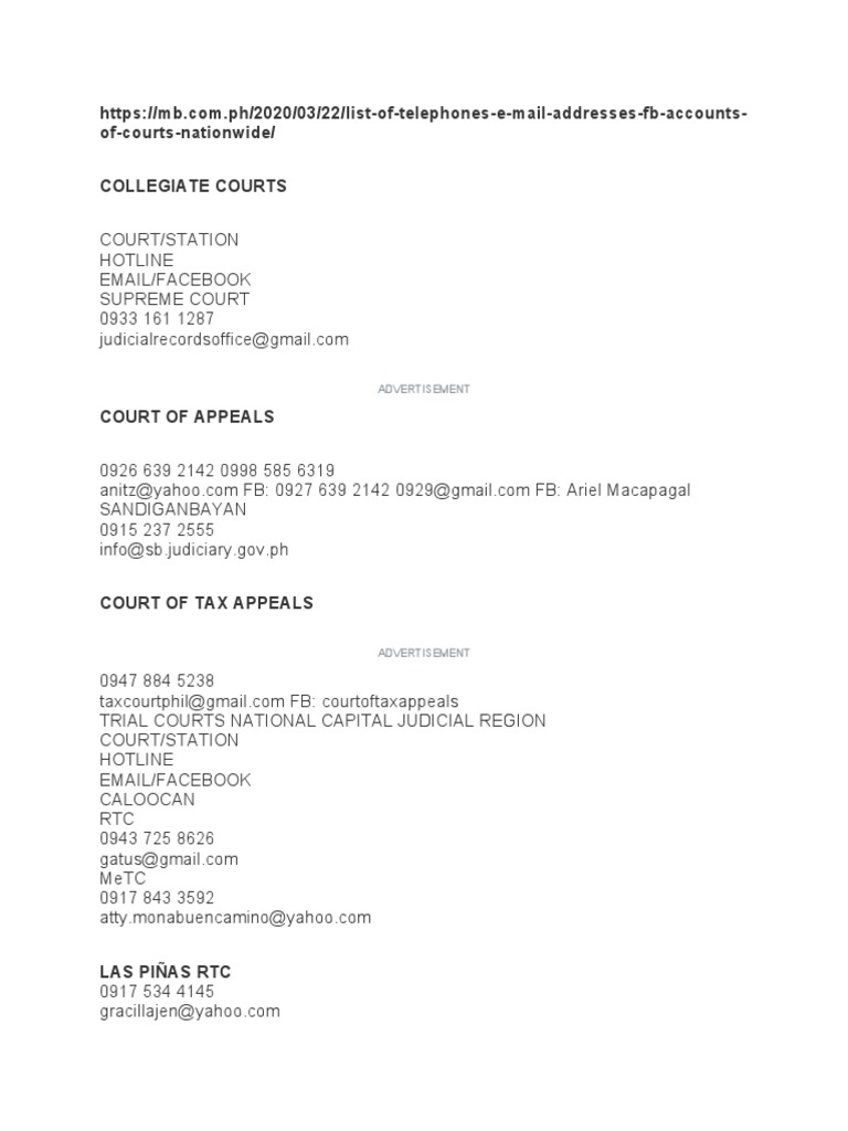 Nationwide Court Contact Directory | PDF | Philippines