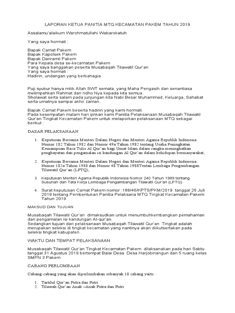 Laporan Ketua Panitia MTQ Kecamatan Pakem Tahun 2019 | PDF