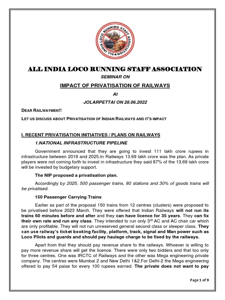 Impact of Privatisation On Railways | PDF | Employment | Rail Transport