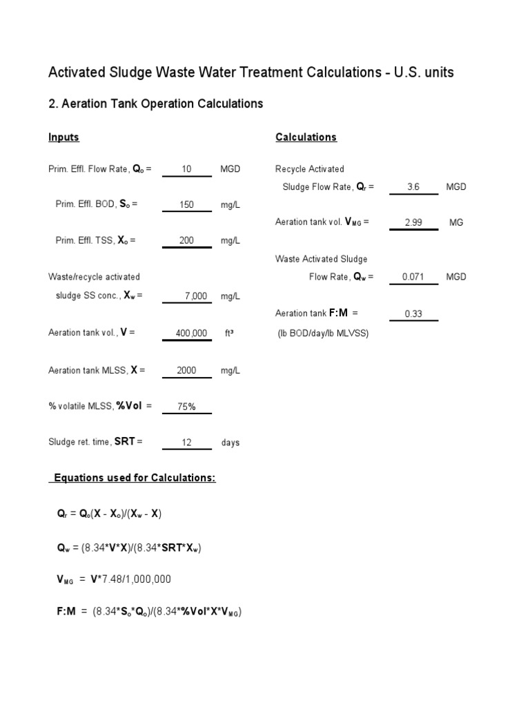Activated Sludge Waste Water Treatment Calculations - U.S. Units | PDF