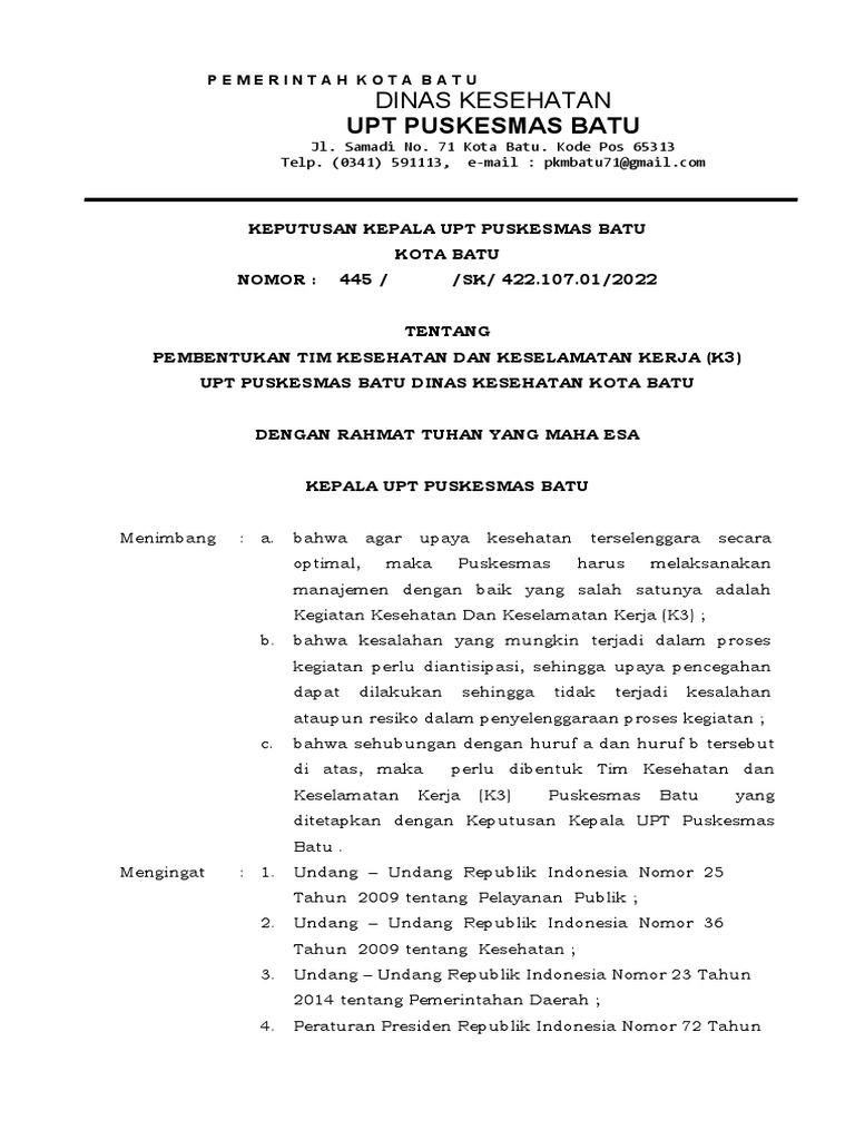 Pembentukan Tim K3 Puskesmas Batu | PDF