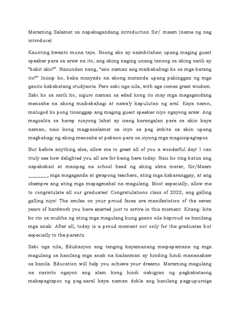 Grad Speech Tagalog | PDF