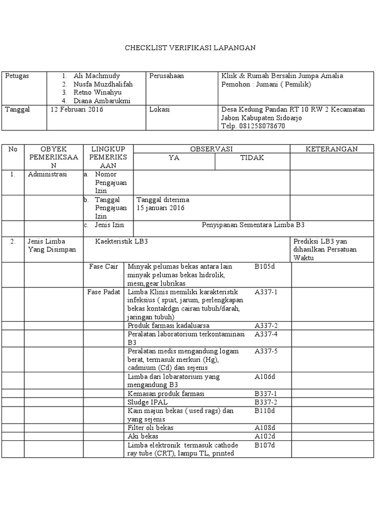 Checklist Verifikasi Lapangan B3 | PDF