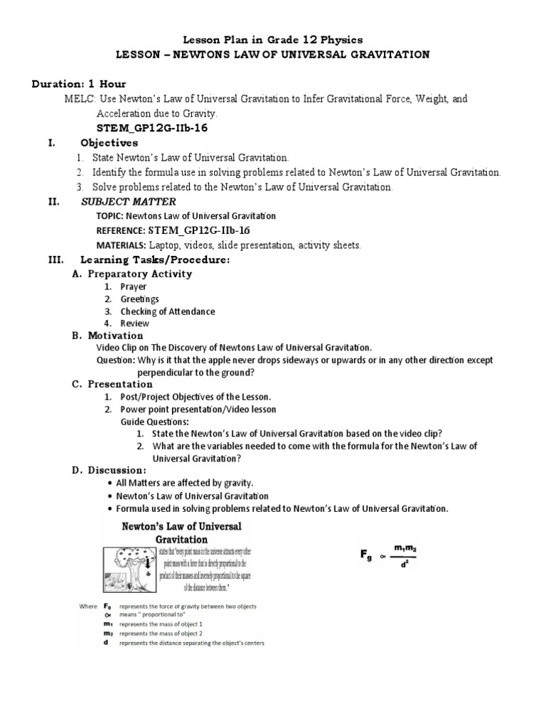 Grade 12 Newton's Gravitation Lesson Plan | PDF | Newton's Law Of ...