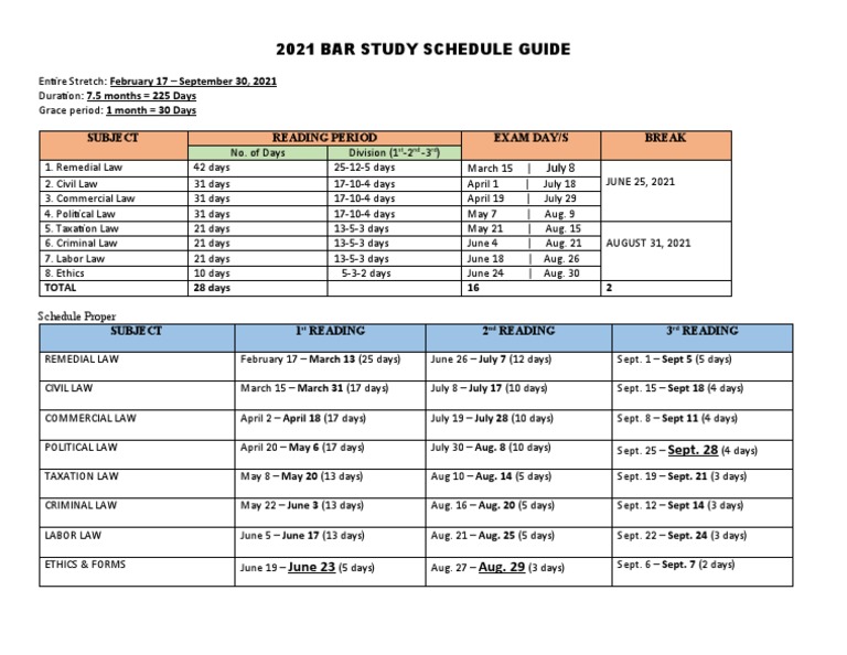 2021 Bar Study Schedule Guide: Subject Reading Period Exam Day/S Break ...