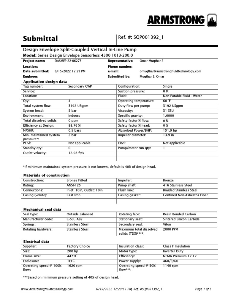 Submittal: Ref. #: SQP001392 - 1 Design Envelope Split-Coupled Vertical In-Line Pump | PDF ...