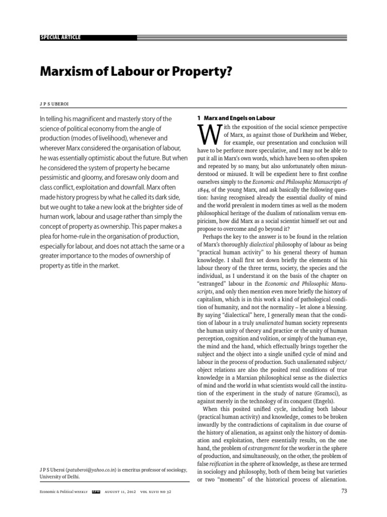 Uberoi - Marxism of Labour or Property | PDF | Marx's Theory Of ...