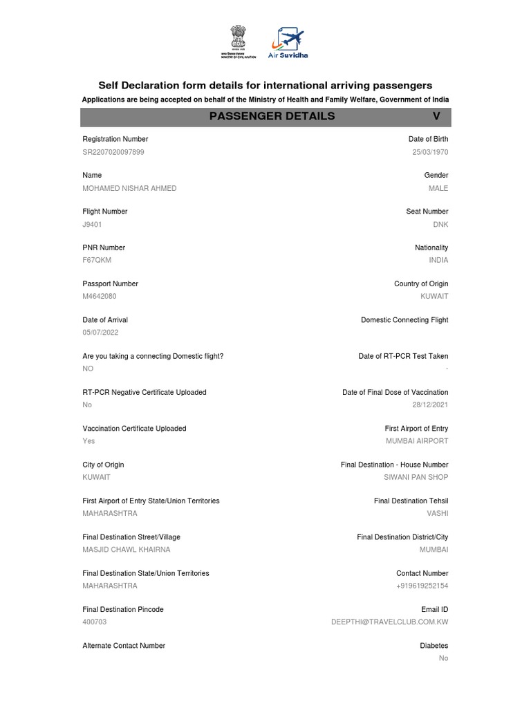 Self-Declaration Form for International Arrival Containing Travel and ...