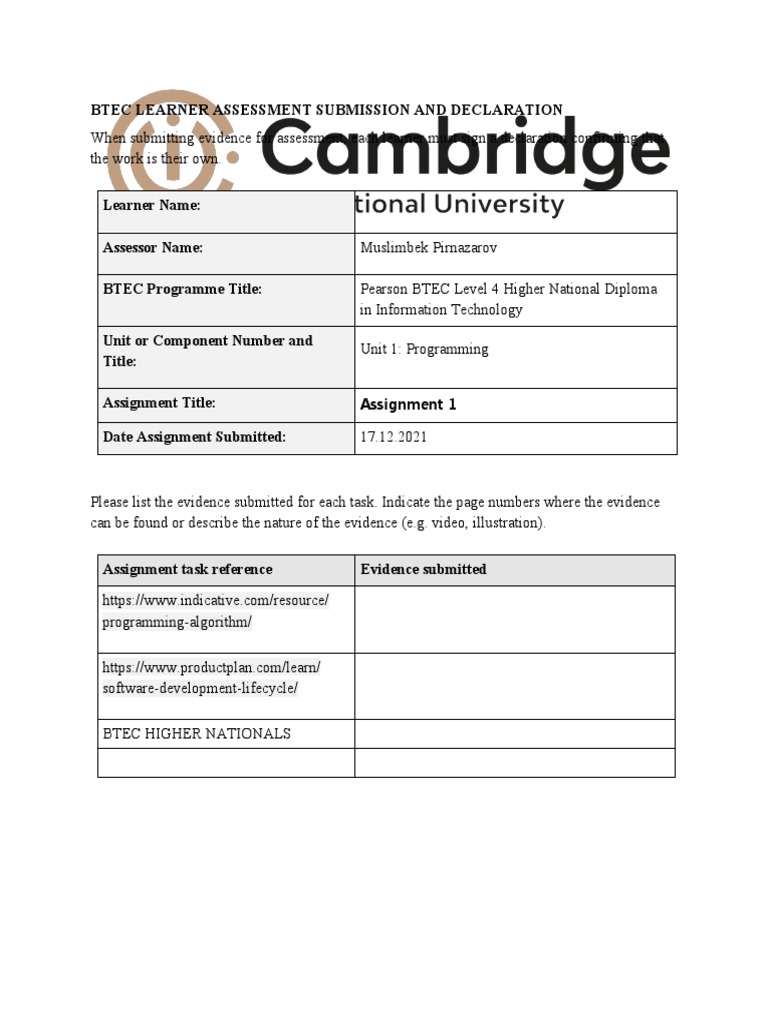 Btec Learner Assessment Submission and Declaration | PDF | Software ...