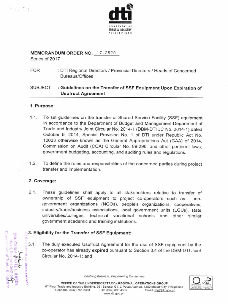 Memo Order No 17-2520 Guidelines On The Transfer of SSF Equipment Upon ...