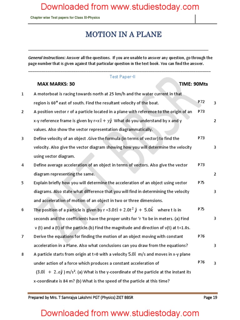CBSE Class 11 Physics Motion in A Plane Worksheet Set B | Download Free PDF | Acceleration ...