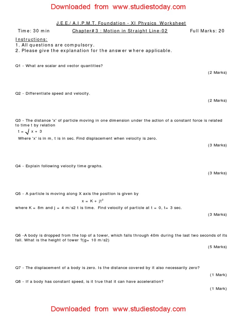 CBSE Class 11 Physics Motion in Straight Line Worksheet Set E | PDF