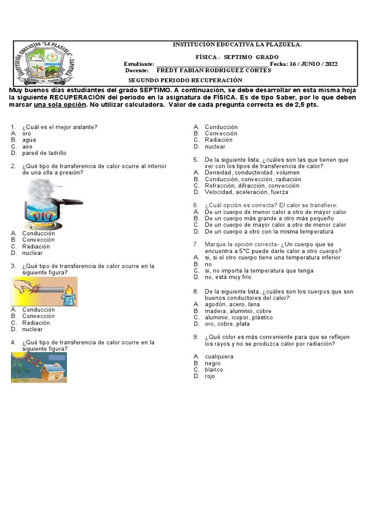 Evaluación Física 7º Grado: Calor y Conversión | PDF | Transferencia de ...