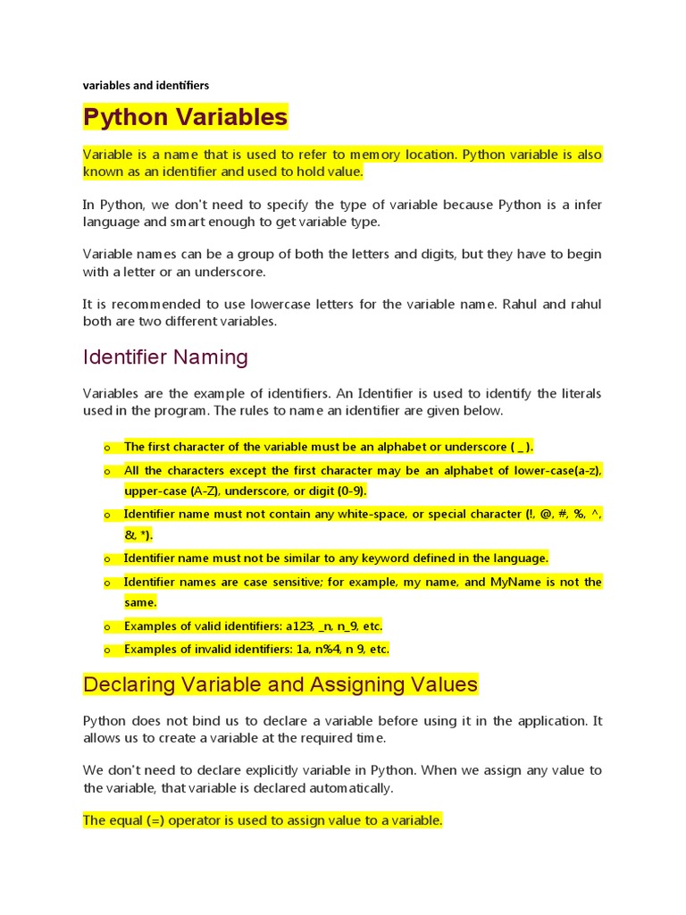 Variables and Identifiers | PDF | Variable (Computer Science) | Data Type Variables and Identifiers | PDF | Variable (Computer Science) | Data Type
