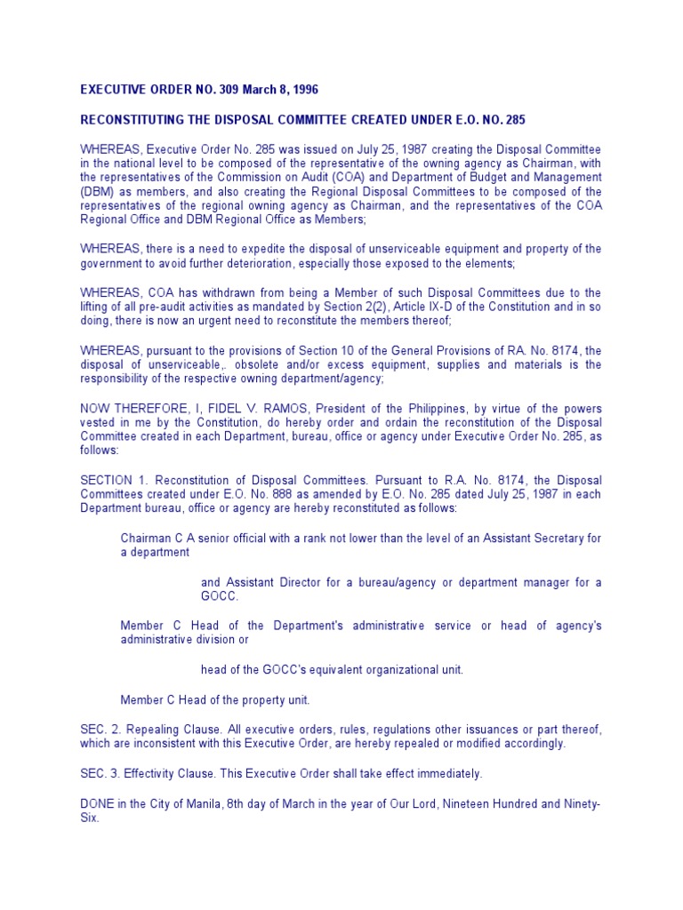 EXECUTIVE ORDER NO 309 MArch 8, 1996 Disposal Committee | PDF | Legal ...