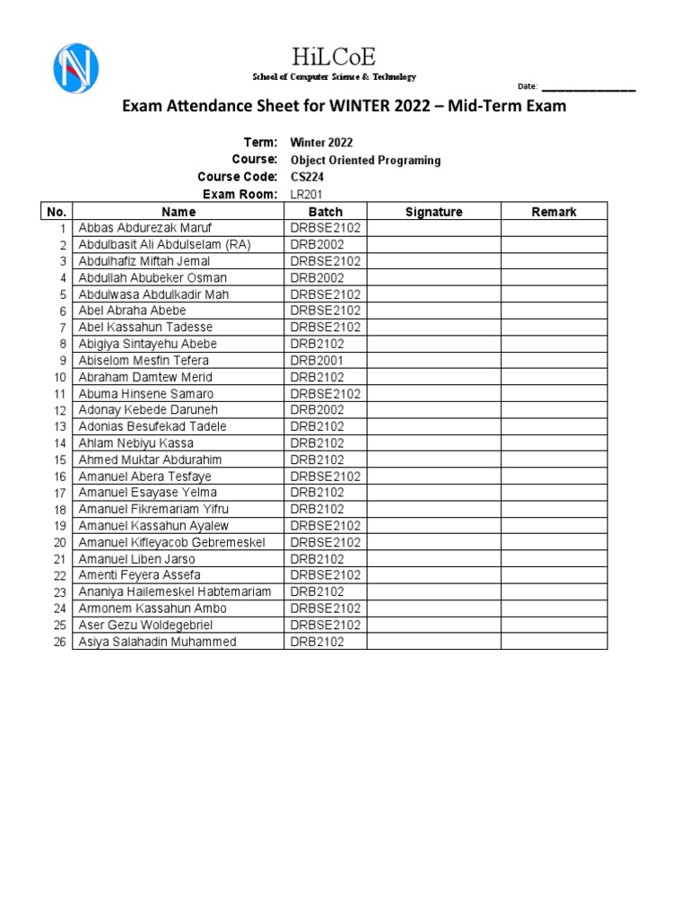 Hilcoe: Exam Attendance Sheet For Winter 2022 - Mid-Term Exam | PDF