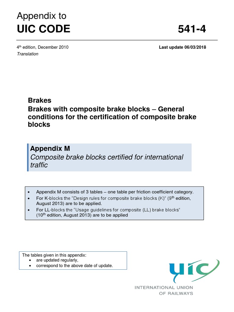 Uic Code 541-4: Appendix To | PDF | Brake | Transport