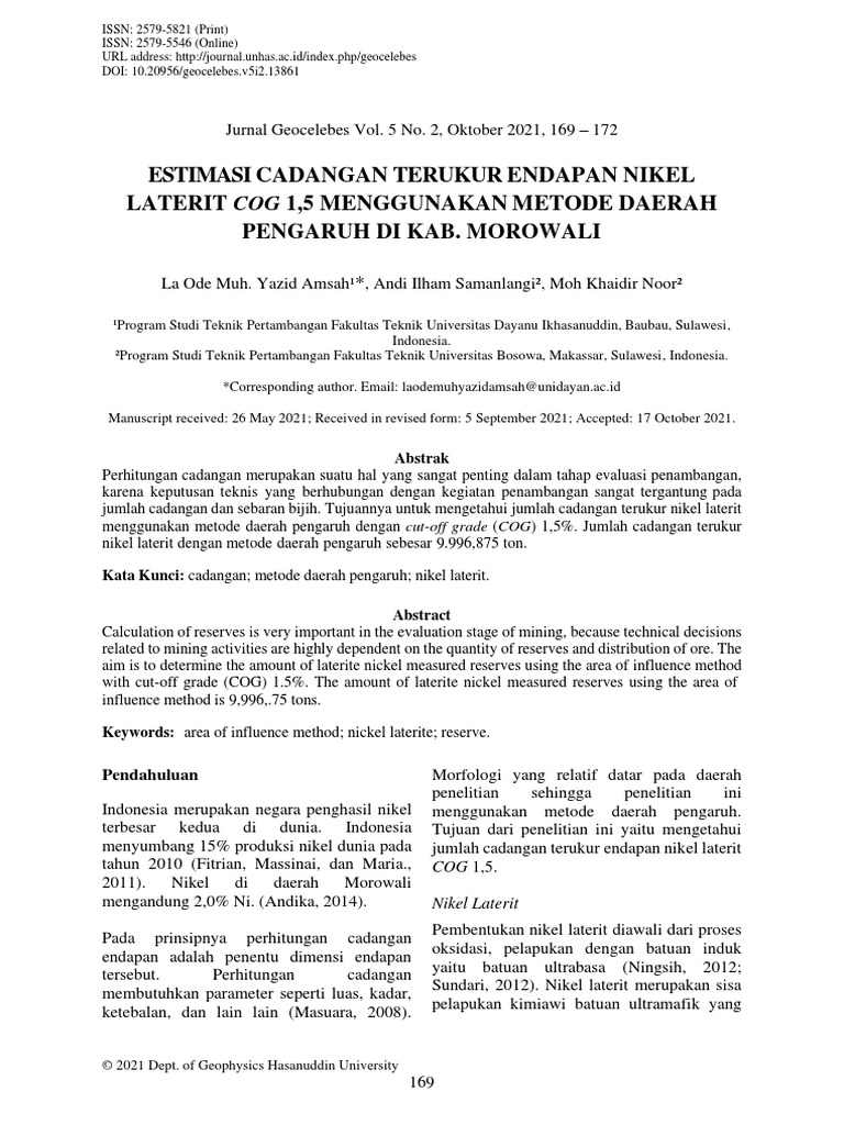 Estimasi Cadangan Terukur Endapan Nikel Laterit COG 1,5 Menggunakan Metode Daerah Pengaruh Di ...