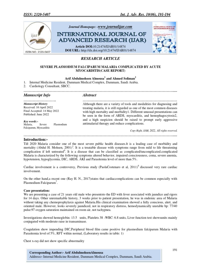 Severe Plasmodium Falciparum Malaria Complicated by Acute Myocarditis ...