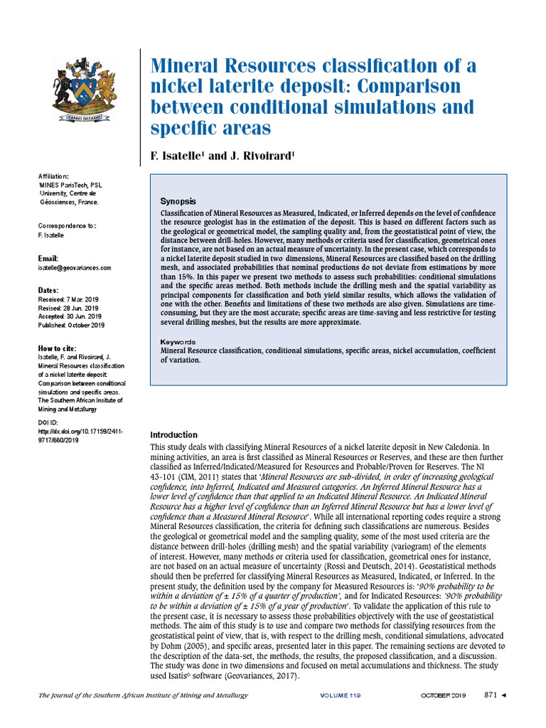 Mineral Resources Classification of A Nickel Laterite Deposit Comparison Between Conditional ...