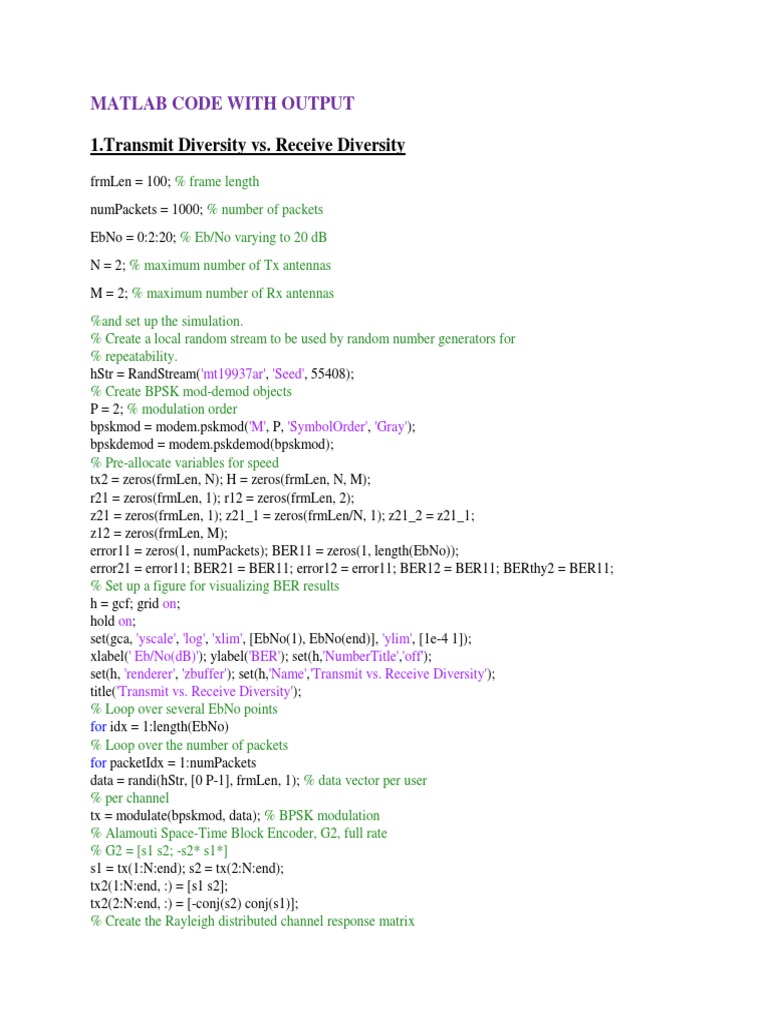 MATLAB Diversity Techniques Analysis | PDF | Telecommunications ...