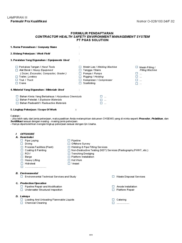 Form Pendaftaran Dan Penilaian Chsems | PDF | Pipeline Transport ...